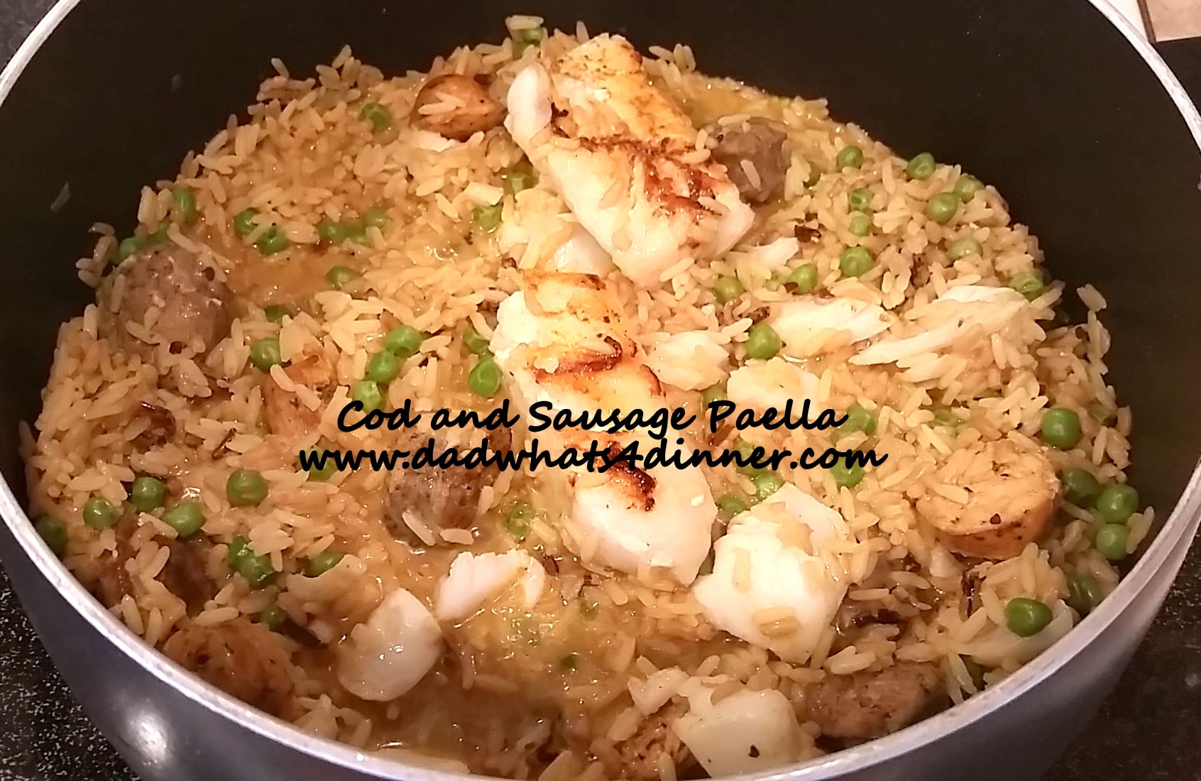 One Skillet Cod and Sausage Paella - Dad Whats 4 Dinner