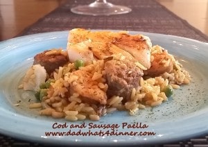 One Skillet Cod and Sausage Paella - Dad Whats 4 Dinner